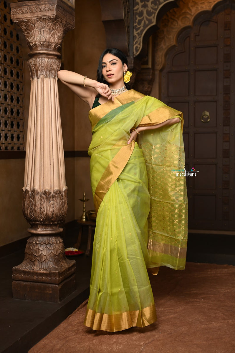 Parampara ~ Pure Silk Chanderi Saree in Exclusive Green with Golden Bo – verymuchindian.com