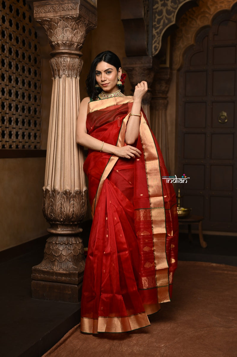Parampara ~ Pure Silk Chanderi Saree in Exclusive Red with Golden Bord – verymuchindian.com