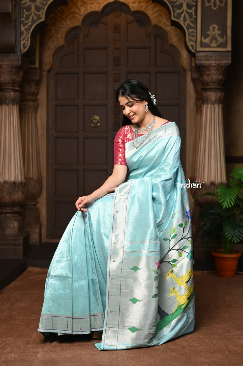 Parampara ~ Pure Silk Paithani with Munia Border, Silver Zari & Divine – verymuchindian.com