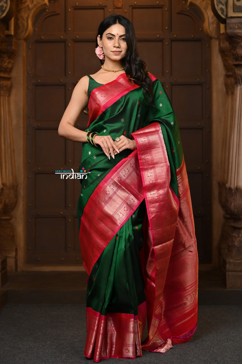Parampara Premium ~ Gadwal Pure Silk Handloom Saree in Royal Green wit ...