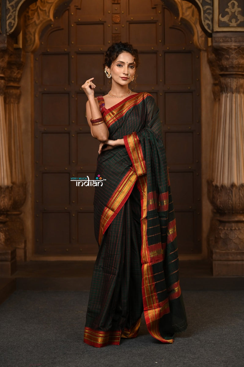 Parampara ~ Pure Cotton Saree in Regal Dark Green with Zari Border & P – verymuchindian.com