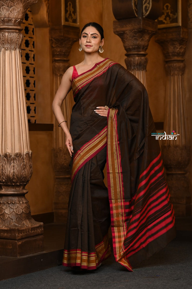 Parampara ~ Pure Cotton Saree in Regal Brown with Exclusive Zari Borde – verymuchindian.com