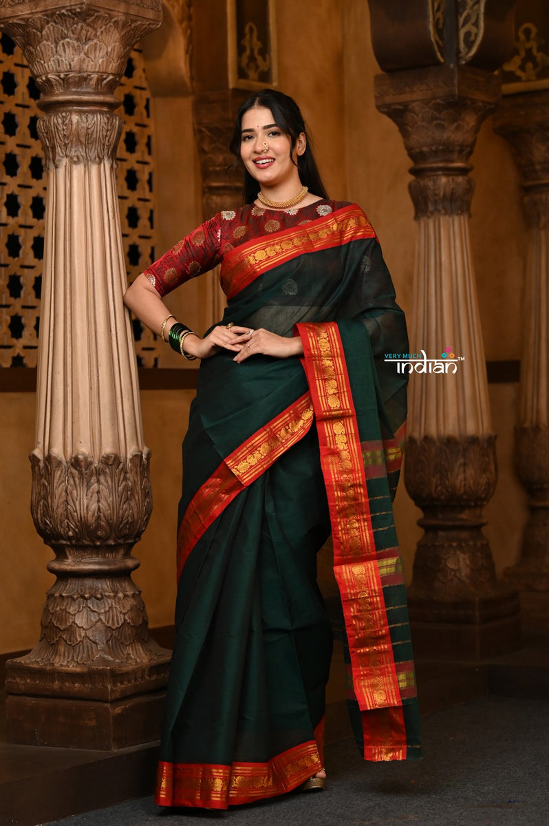 Parampara ~ Pure Cotton Saree in Regal Dark Green with Exclusive Zari – verymuchindian.com