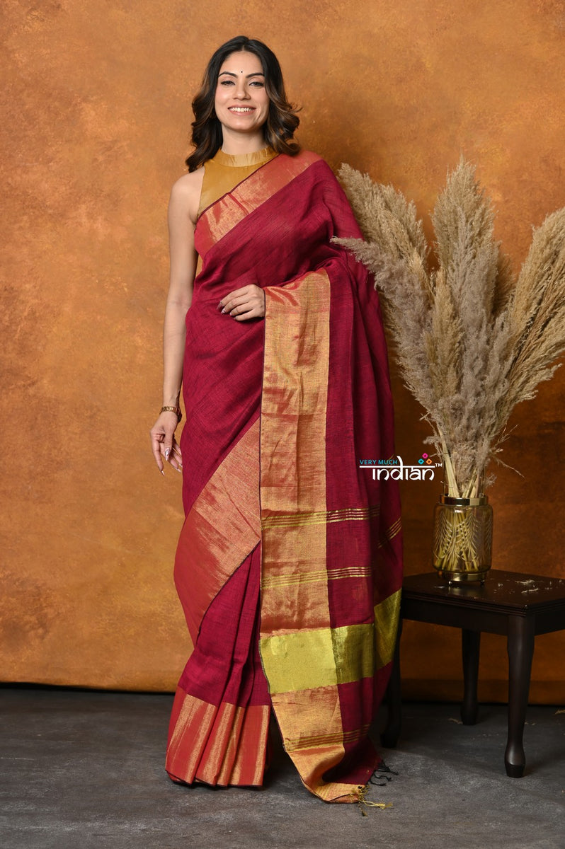 Mastaani ~ Handloom Pure Cotton Linen Saree With Golden Border - Maroo – verymuchindian.com