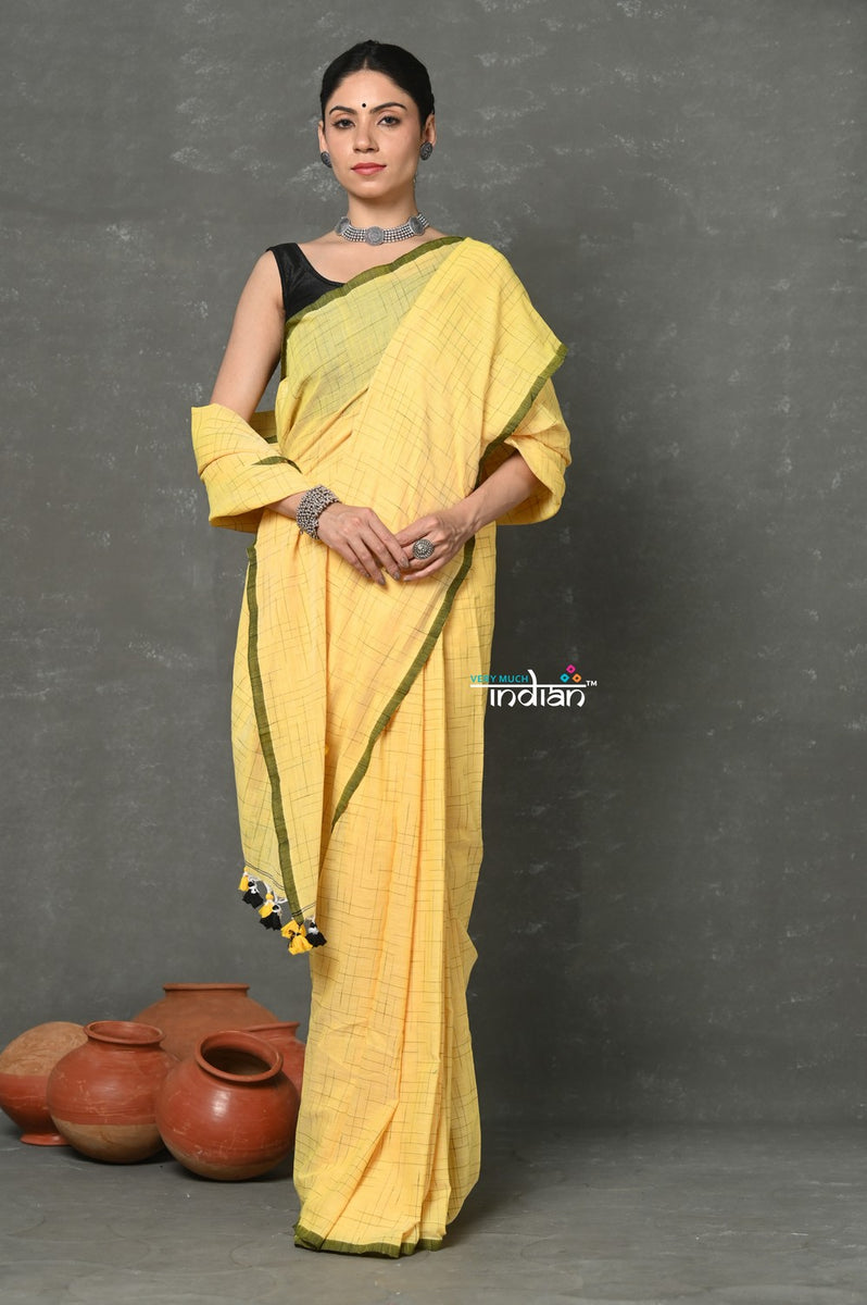 Tyohaar ~ Mul Cotton Khadi Design Handloom Woven Saree - Yellow ...