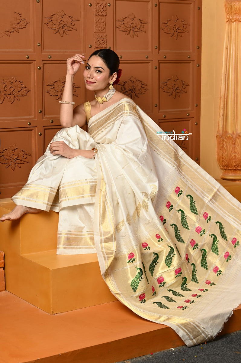 Shubh ~ Authentic Pure Silk Handloom Paithani Saree with Peacock Lotus ...