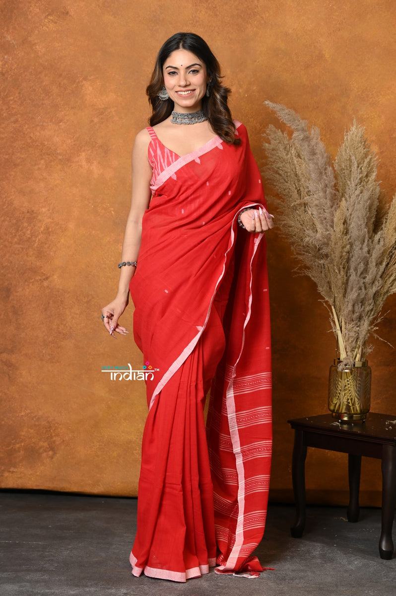 Mastaani ~ Pure Cotton Handloom Saree with Buttis & Sleek Border - Red – verymuchindian.com