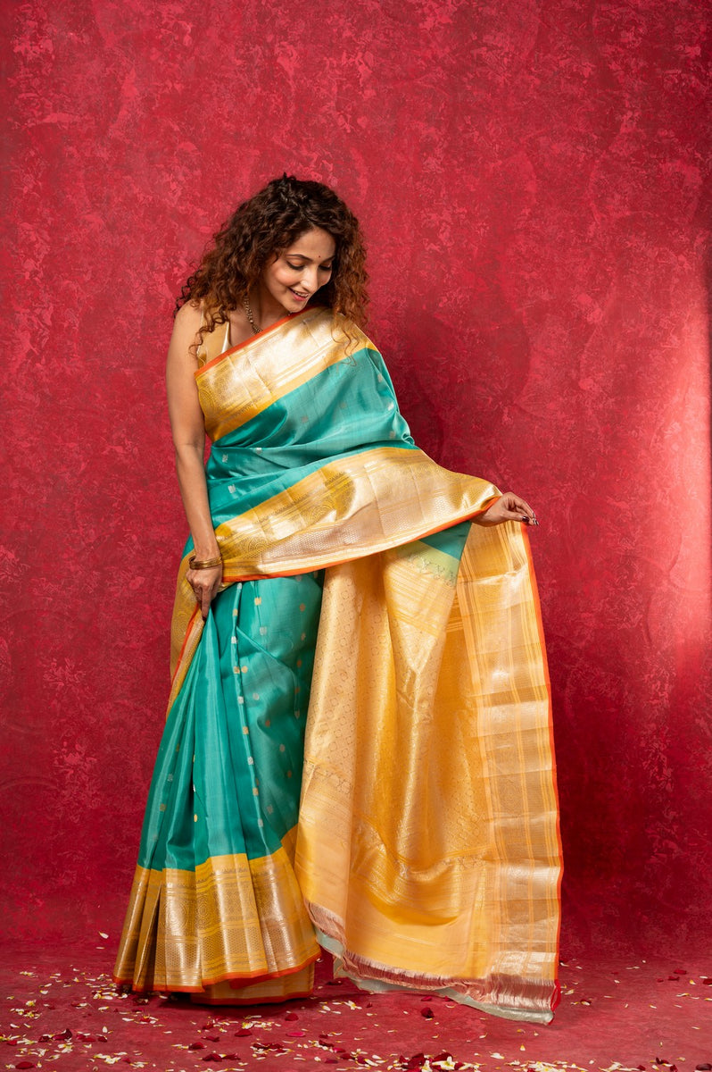 Gadwal Pure Silk Handloom Saree in Sea Green with Yellow Border (Limit ...