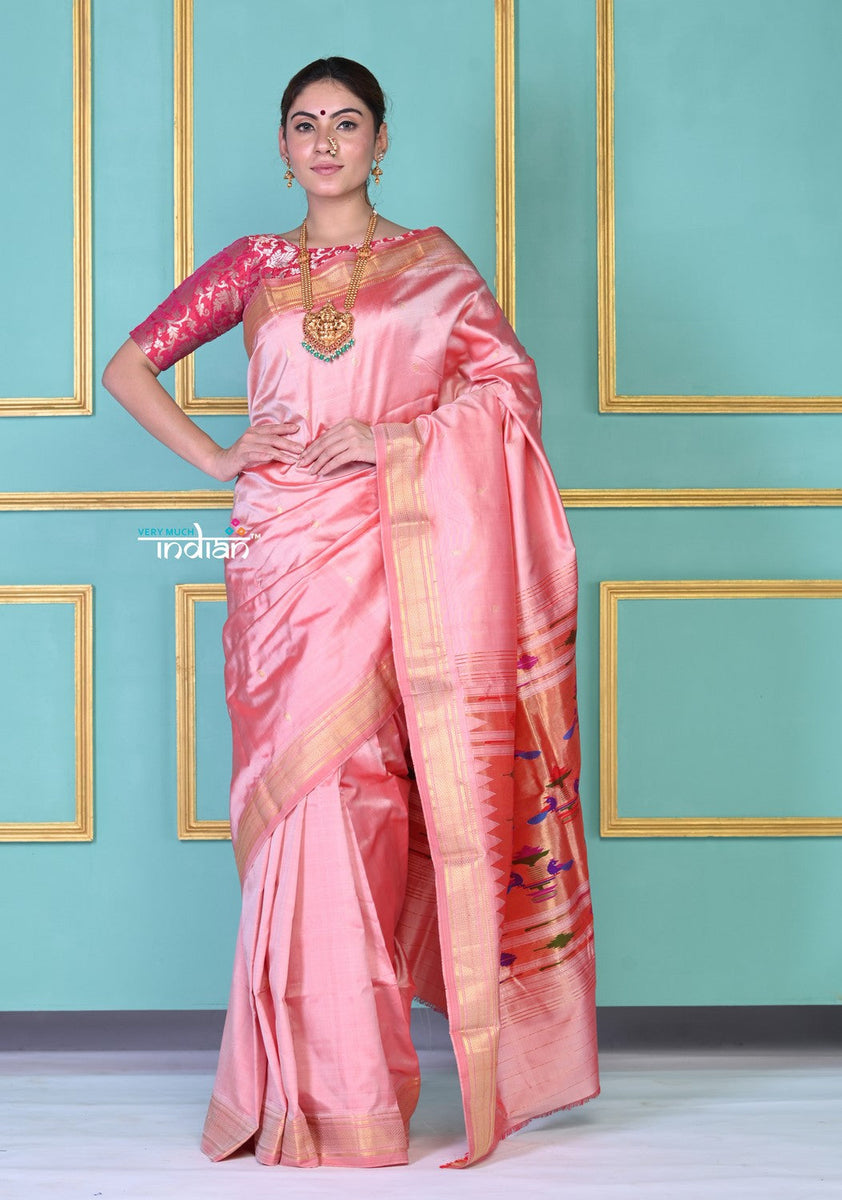 Buy EXCLUSIVE! Traditional Pretty Peach Pure Silk Double Pallu Paithani ...