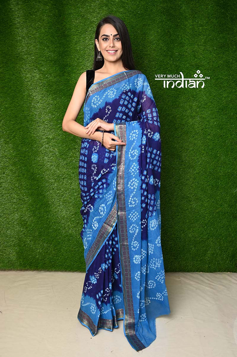 Buy Traditional Pure Cotton Handmade Bandhani - Dark Blue with Light ...